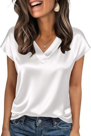 Generic Chemisiers en satin pour femme, coupe ample, sans manches, col en V, chemises d&eacute;contract&eacute;es, pour le travail, le bureau, blanc, L