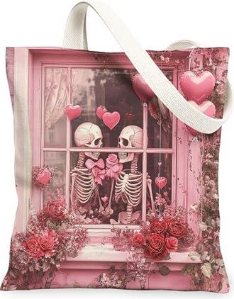 Generic Sac fourre-tout r&eacute;utilisable en toile pour la Saint-Valentin, pour faire du shopping, 33 x 38,1 cm, motif squelette rose, t&ecirc;te de mort, couple, sac d&eacute;