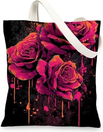 Generic Sacs fourre-tout en toile rose, design floral artistique, sacs de courses réutilisables, modernes, chics, légers et lavables, noir, 13x15 Inch