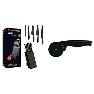 Fiskars Design-Messerblock mit 5 Messern, Breite: 15,5 cm, H&ouml;he: 37 cm, Birkenholz, Schwarz, Edge, 1003099 & Pizzaschneider mit hochwertigem Kunststoff-Schnei