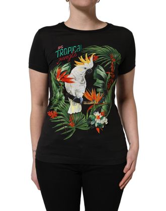 Dolce & Gabbana Womens Black Tropical Print Cotton Round Neck T-Shirt