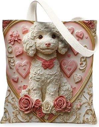 Generic Sac fourre-tout en toile avec motif caniche pour le shopping, 33 x 38 cm, sac d&eacute;picerie r&eacute;utilisable pour la Saint-Valentin, pour femme, animal domest