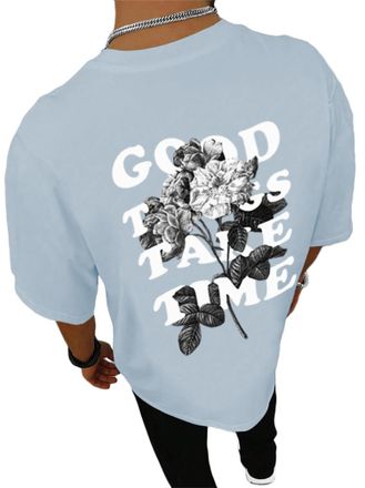 TOMWELL Oversized Tshirt Herren Rundhals Kurzarm Lose Sommer Oberteile Mode T-Shirt mit Backprint Vintage Drucken Streetwear Sport Casual Lang Tops A Blau XXL