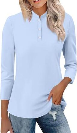 Generic Chemisier uni à manches longues pour femme - Col montant à manches 3/4 - T-shirt basique dété - Chemisier dautomne - Hiver - Printemps - Chemises tend
