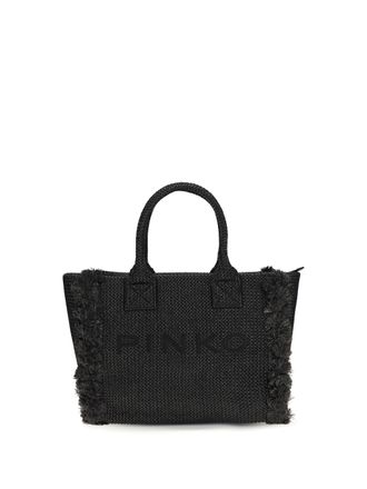 Pinko Raffia with Embroidered Logo Tote Bag - Black