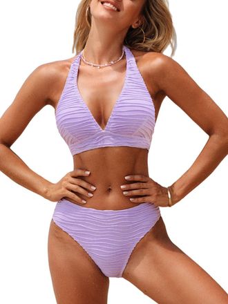 Cupshe Damen Bikini Set V Ausschnitt Neckholder Mid Waist Wave Texturierte Bademode Zweiteiliger Badeanzug Swimsuit Lavendel Lila S