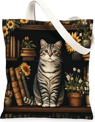 Generic Sac fourre-tout en toile motif chat am&eacute;ricain &agrave; poil court printanier 33 x 38,1 cm, sac d&eacute;picerie r&eacute;utilisable pour femme, sac d&eacute;picerie amusant pour 