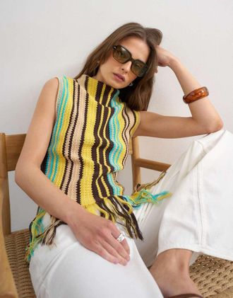 Topshop Top en maille &agrave; franges et rayures - Jaune et marron