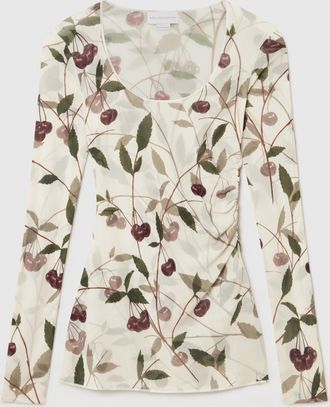 Stella McCartney Cherry Print Mesh Long Sleeve Top, Woman, Cream, Size: XS