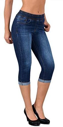 ESRA Capri Jean Femme Pantacourt Skinny avec Ceinture élastique Skinny Capri Jeggings à Grandes Tailles J460