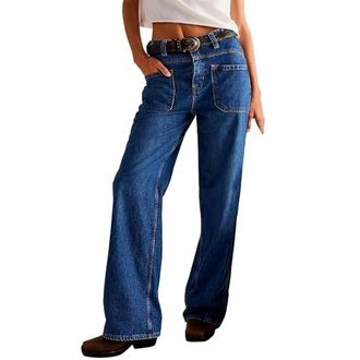 Generic Jean coupe droite pour femme - Taille haute - Jambes larges - Avec poches - Coupe droite - &Eacute;l&eacute;gant - Couleur unie - Confortable - Jambe droite - Basiq
