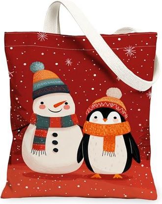 Generic Sacs fourre-tout en toile, motif pingouin dhiver, motif animaux de vacances, sacs d&eacute;picerie r&eacute;utilisables, l&eacute;gers et lavables en toile F, Rouge, 13x15