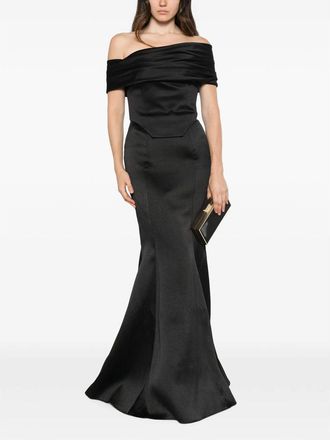 Solace London Off-Shoulder Draped Satin Evening Dress - Black