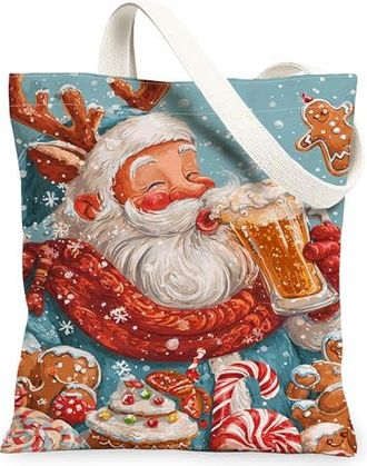 Generic Sacs fourre-tout en toile avec motif de P&egrave;re No&euml;l vintage, r&eacute;utilisables, l&eacute;gers et lavables, Bleu, 13x15 Inch