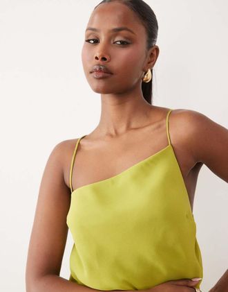 Asos Robe longue hybride &agrave; bretelles fines et empi&egrave;cements satin&eacute;s - Chartreuse-Orange