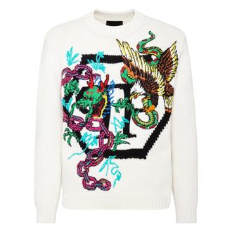 Philipp Plein unisex, Pulls, Blanc, Taille: M Wool Cotton Pullover Round Neck LS Tattoo Patches