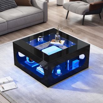Generic 70x70x35 cm quadratischer Couchtisch mit LED-Beleuchtung, gehärteter Glasplatte, ausgehöhltes Design, Hochglanz MDF Beistelltisch für Wohnzimmer, Weih