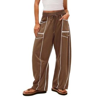Generic Pantalon tonneau, pantalon de surv&ecirc;tement ample avec cordon de serrage pour l&eacute;t&eacute;, pantalon de plage d&eacute;contract&eacute;, marron fonc&eacute;, XXL