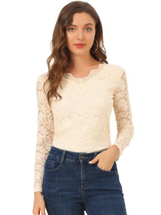 Allegra K Damen Langarm Durchsichtig Spitze Dirndl Trachtenbluse Oberteil R&uuml;schenkragen Mesh Blumen Lace Top Bluse Beige 3XL