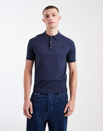 Fred Perry Kurz&auml;rmliges Strick-Polohemd in Dunkelblau mit Logo