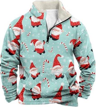 Generic Pull de Noël fantaisie pour homme avec imprimé Père Noël 2025 - Doublure polaire - Fermeture éclair quart - Avec paquet, B-Light Blue, XXL