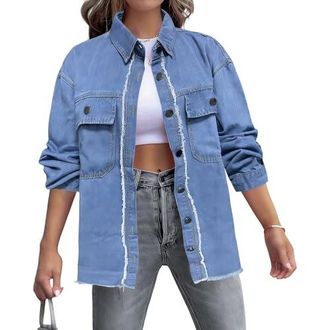 Generic Veste en jean surdimensionn&eacute;e d&eacute;contract&eacute;e &agrave; manches longues pour femme, ourlet effiloch&eacute;, tenue tendance dautomne 2025, bleu clair, XXL