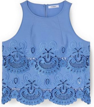 Motivi Popeline-Oberteil mit Sangallo-Spitze - - Tops - Damen - Blau - 2XS