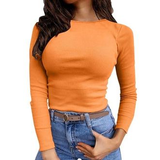 Generic T-shirt &agrave; manches longues, col rond, c&ocirc;tel&eacute;, moulant, d&eacute;contract&eacute;, haut basique, jaune, XXL