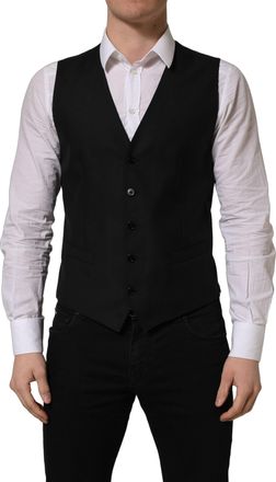 Dolce & Gabbana Mens Black Wool Single Breasted Waistcoat Vest Virgin Silk Clothing
