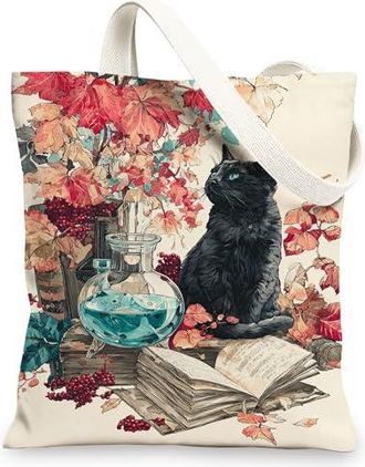 Generic Sacs fourre-tout artistiques en toile, motif chat et feuilles, sacs dépicerie réutilisables, légers et lavables en toile avec bandoulière, beige, 13x1