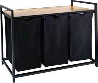Relaxdays W&auml;schesammler mit 3 W&auml;sches&auml;cke, 150 L, Holzoptik Ablage, HBT: 73,5 x 109,5 x 33cm, W&auml;schekorb, schwarz/natur