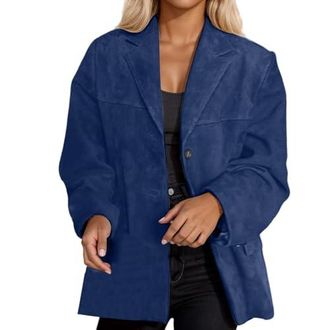 Generic Veste en daim synthétique à manches longues boutonnée pour femme, bleu, L