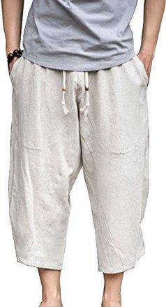 LaoZanA Homme 3/4 Shorts Bermudas Pantalon Sarouel Taille Elastique Baggy Large Pantacourt Décontracté Léger Pantalon en Lin Beige L