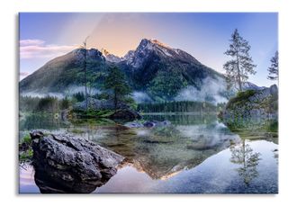 Pixxprint Glasbild, Wandbild aus Echtglas, Sonnenaufgang am Hintersee, 100x70 cm, inkl. Aufh&auml;ngung und Abstandshalter