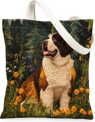 Generic Sac fourre-tout en toile motif chien du printemps Saint-Bernard 33 x 38,1 cm, style tricot&eacute;, sac d&eacute;picerie r&eacute;utilisable pour femme, peinture esth&eacute;tiqu