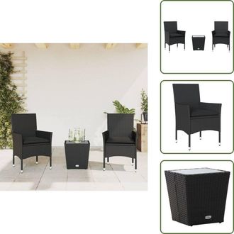vidaXL 3-tlg. Bistro-Set mit Kissen Schwarz Poly Rattan und Glas - Gartentisch - Esstisch - Bistroset - Outdoor M&ouml;bel - Gartenm&ouml;bel