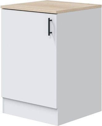 PEGANE Pegane - Meuble bas de cuisine blanc brillant avec plan de travail ch&ecirc;ne canadien - Dimensions 90x60x60 cm - Charni&egrave;res m&eacute;talliques - Rangement