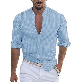 Generic Chemise &agrave; manches longues en mousseline de lin pour homme - Chemise boutonn&eacute;e - Chemise de loisirs - Jacquard ray&eacute;e - Col montant - Coupe normale - Ma