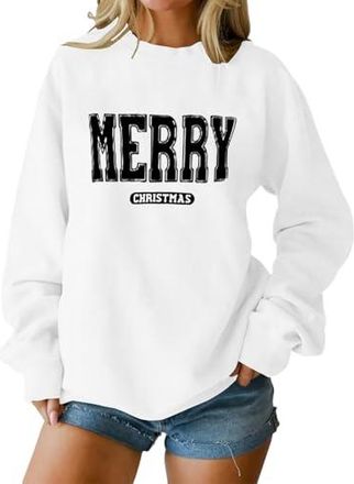 Generic Pull de Noël imprimé lettres de Noël pour femmes, chandail graphique festif de Noël pour femmes, vacances, drôle et mignon, col rond, manches longues,