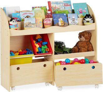 Relaxdays Kinderregal, Spielzeug Aufbewahrung, Kunststoff Boxen, B&uuml;cherregal, mdf, HxBxT: 88 x 108 x 29 cm, Holzoptik - Relaxdays