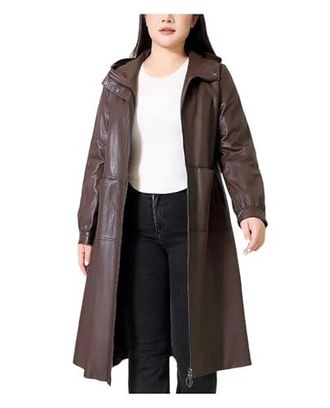 Generic Manteau Trench Femme Grande Taille Casual Peau de Mouton - Automne Caf&eacute; Long L&acirc;che Fermeture &Eacute;clair Capuche Manteau en Cuir V&eacute;ritable, caf&eacute;, XL
