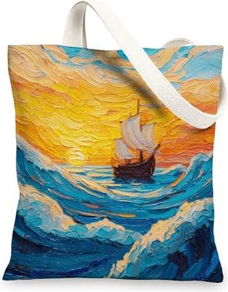 Generic Sacs fourre-tout en toile motif paysage marin artistique, sacs de courses réutilisables, design nautique élégant, sacs à bandoulière légers et lavable