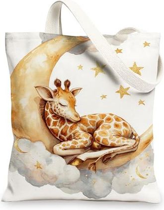 Generic Sacs fourre-tout en toile motif girafe, sacs à provisions réutilisables, sacs à provisions fantaisie, étoilés, légers et lavables, blanc, 13x15 Inch