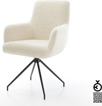 DELIFE Esszimmerstuhl Heira-Flex mit Armlehnen Teddystoff Beige Kreuzgestell konisch Schwarz Taschenfederkern, Esszimmerst&uuml;hle