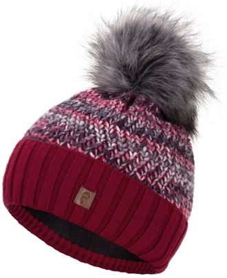 Faera Winterm&uuml;tze M&uuml;tze Damen gef&uuml;ttert mit Kunstfell Bommelm&uuml;tze Bommel Fleecefutter Winter Strickm&uuml;tze Beanie M&auml;dchen, Farbe:Rot