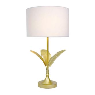 Relaxdays Tischlampe, Palmenblatt-Sockel, Stoffschirm, E14-Fassung, Wohnzimmer, Schlafzimmer, Tischleuchte, wei&szlig;/Gold