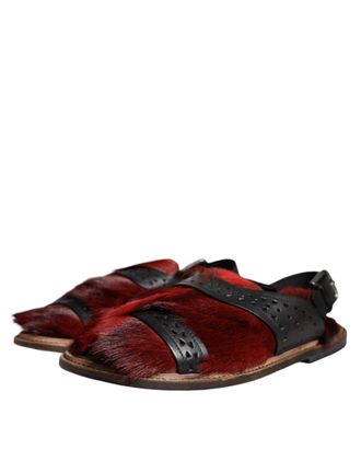 Dolce & Gabbana Mens Black Red Gazelle Hair Leather Sandals Shoes And Calfskin