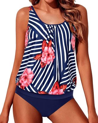 Yonique Floral Blouson Tankini Swimsuits for Women Blue Bathing Suits Two Piece Striped Loose Fit Swimwear 20 Plus