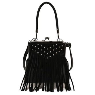 Generic Sac besace &agrave; franges occidentales avec rivets en polyur&eacute;thane pour femme - Sac &agrave; bandouli&egrave;re vintage pour voyage, shopping, usage quotidien, Noir, 7.8