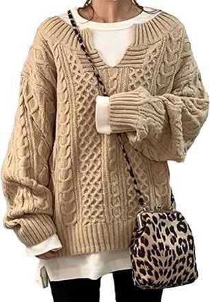 ORANDESIGNE Pull Femme Col V Hiver Élégant Chandail Tricoté Pullover Tuniques Décontractée Chemise Automne Hiver Basique Décontracté Ample Haut Camel L